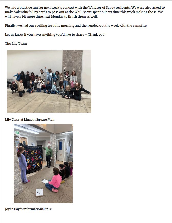 Lily Class Newsletters - Montessori School of C-U